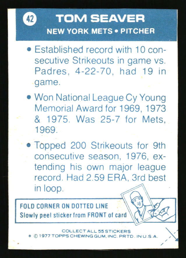 1977 Topps Cloth Stickers #42 Tom Seaver | eBay