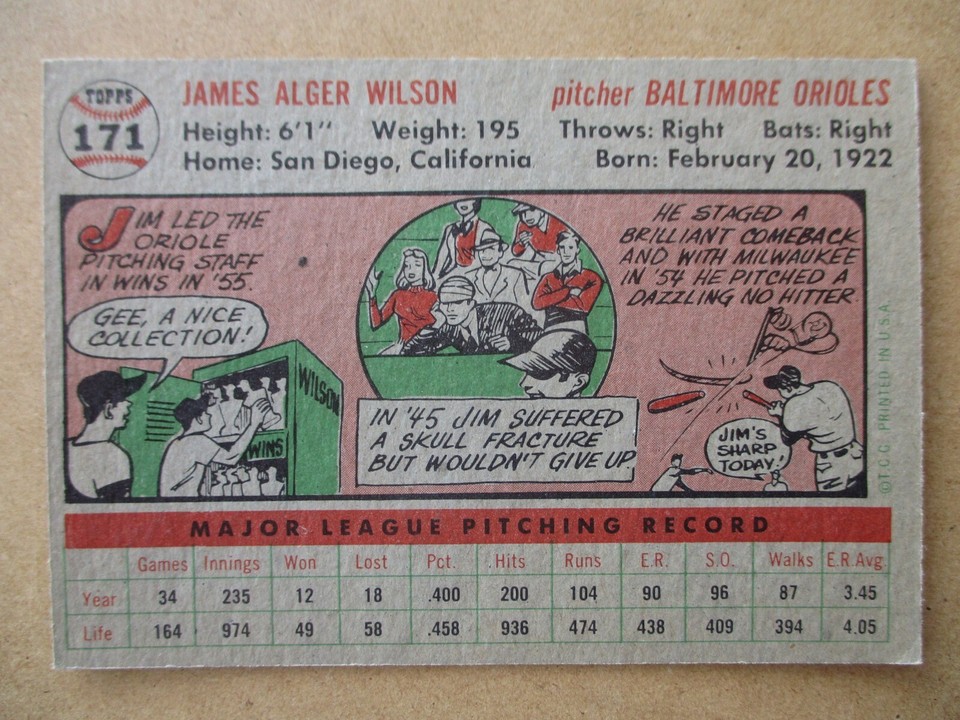 1956 Topps JIM WILSON CARD Card #171 Baltimore Orioles | eBay