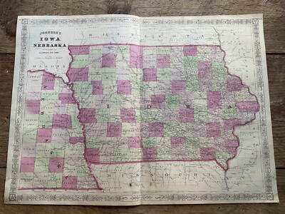 Rare 1867 IOWA & NEBRASKA Map w/ Colored Counties ~ 23 3/4" x 17 1/2 ...