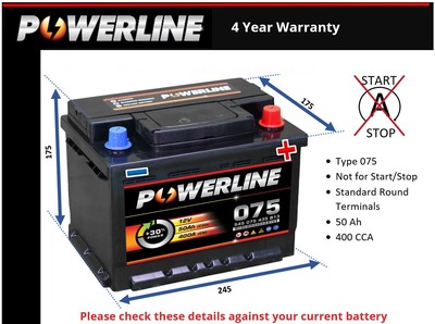 Car Battery 075 Powerline 075 400A 50Ah 4Yr Warranty 245x175x175 | eBay UK
