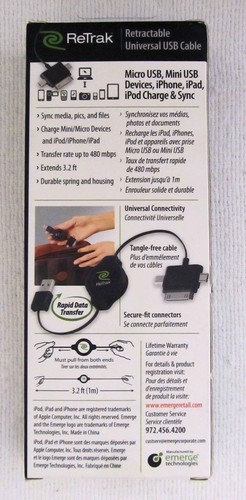 Retrak Retractable Universal USB Cable Micro USB, Mini USB and iPad 1 ...