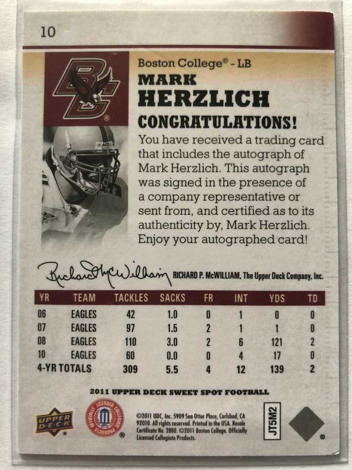 2011 UPPER DECK SWEET SPOT SWEET BEGINNINGS MARK HERZLICH ROOKIE AUTO ...