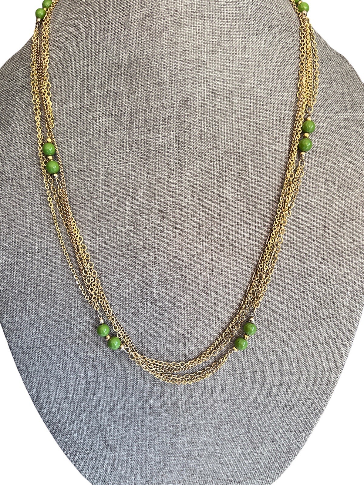 Sautoir Necklace 3 Strand Chain Green Glass Bead Flap… - Gem