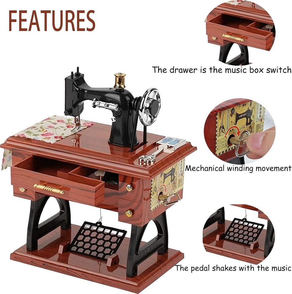 Vintage Mini Sewing Machine Music Box, European Retro Classical Wood ...