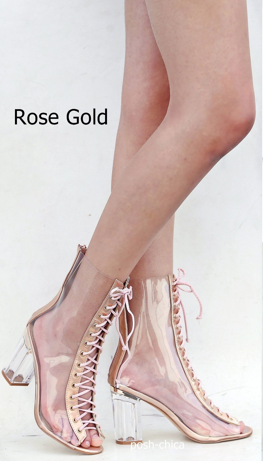 New Women FC45 Rose Gold Peep Toe Lucite Clear Heel Lace Up Booties ...
