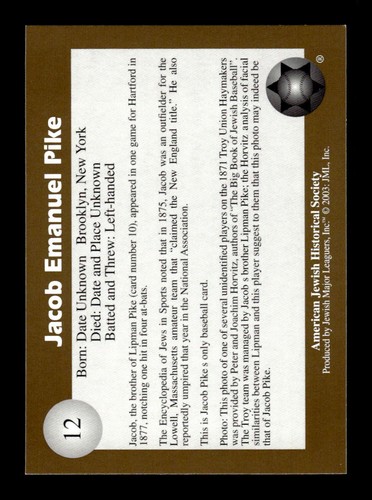 2003 Jewish Major Leaguers #12 Jacob Pike Gold Edition Only 500 made ...