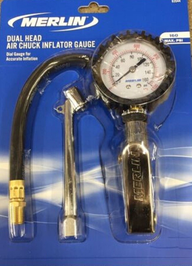 Merlin Dual Head Air Chuck Tire Inflator Gauge 160 Psi Max Pressure New ...