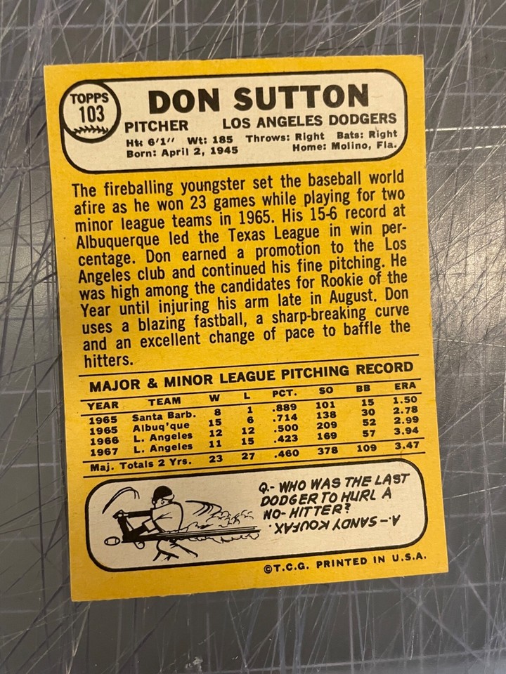 1968 TOPPS #103 DON SUTTON LOS ANGELES DODGERS BASEBALL CARD NM/MT | eBay
