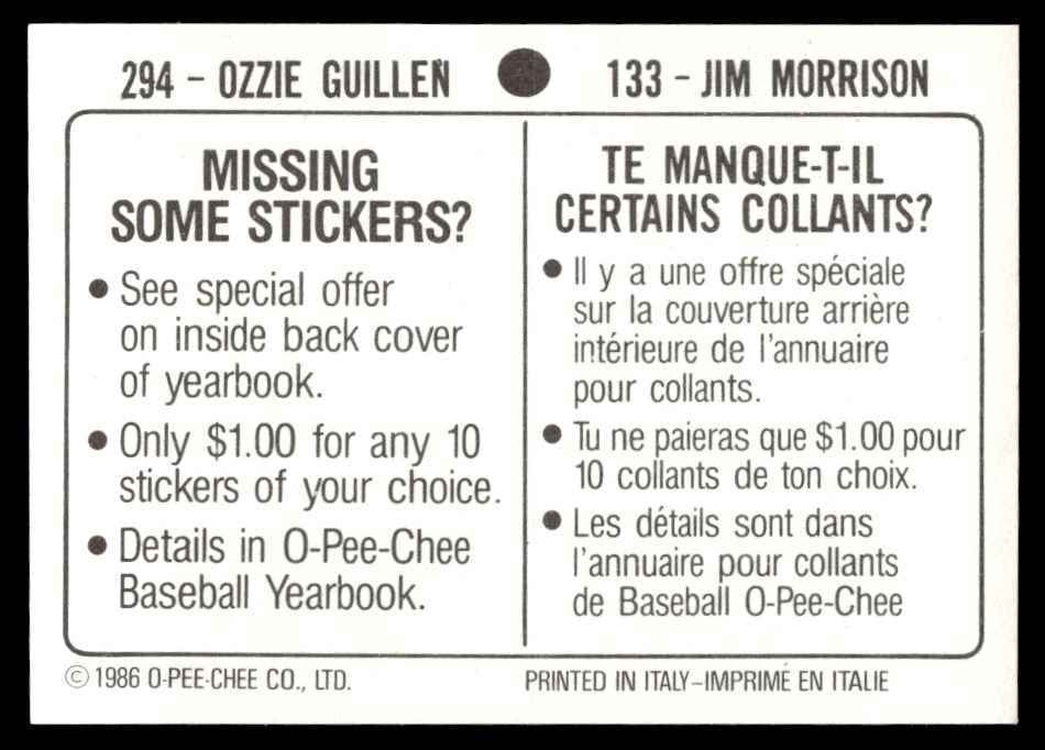 1986 O-Pee-Chee Stickers Ozzie Guillen/Jim Morrison Chicago White Sox ...