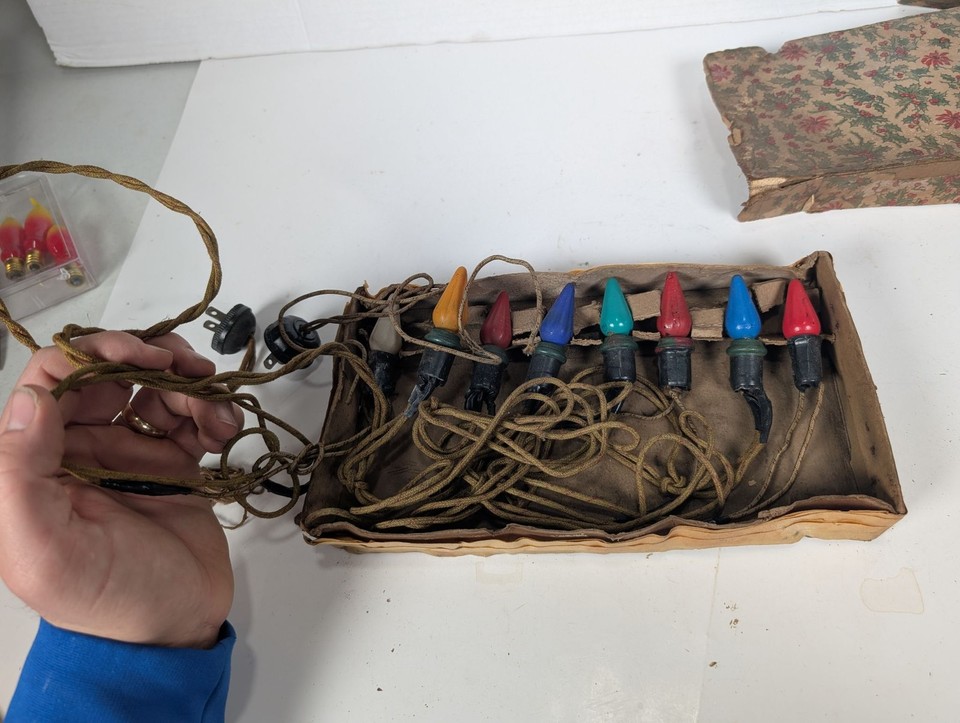 Antique Vintage Cloth Cord Christmas Lights Multi Color Bulb String ...