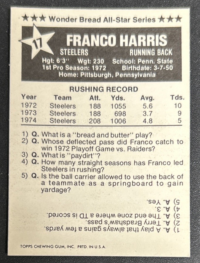 1975 Topps Wonder Bread Franco Harris Football Card #17 Steelers HOF RB ...
