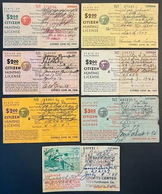 Vintage 1943 - 49 California Hunting Licenses 1944 1945 1946 1947 1948 ...