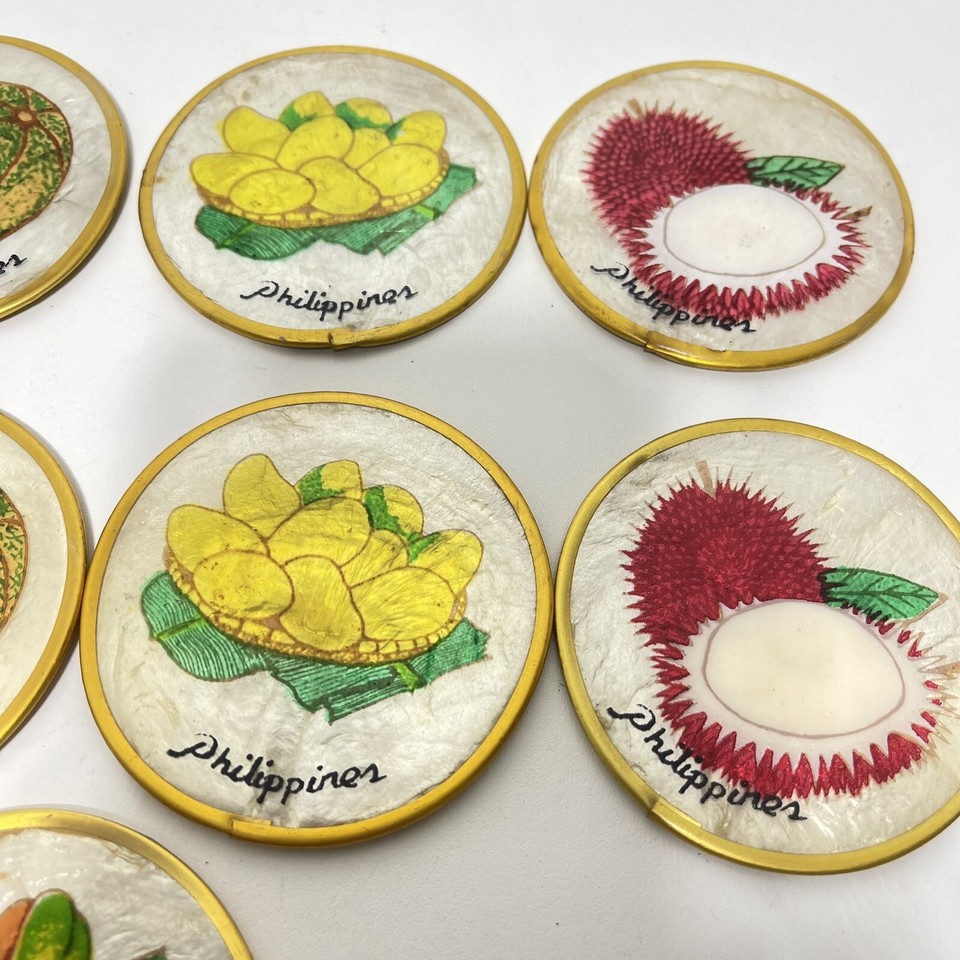 Vtg 9 Capiz Shell Drink Coaster Mother of Pearl Gold Rim Philippines ...