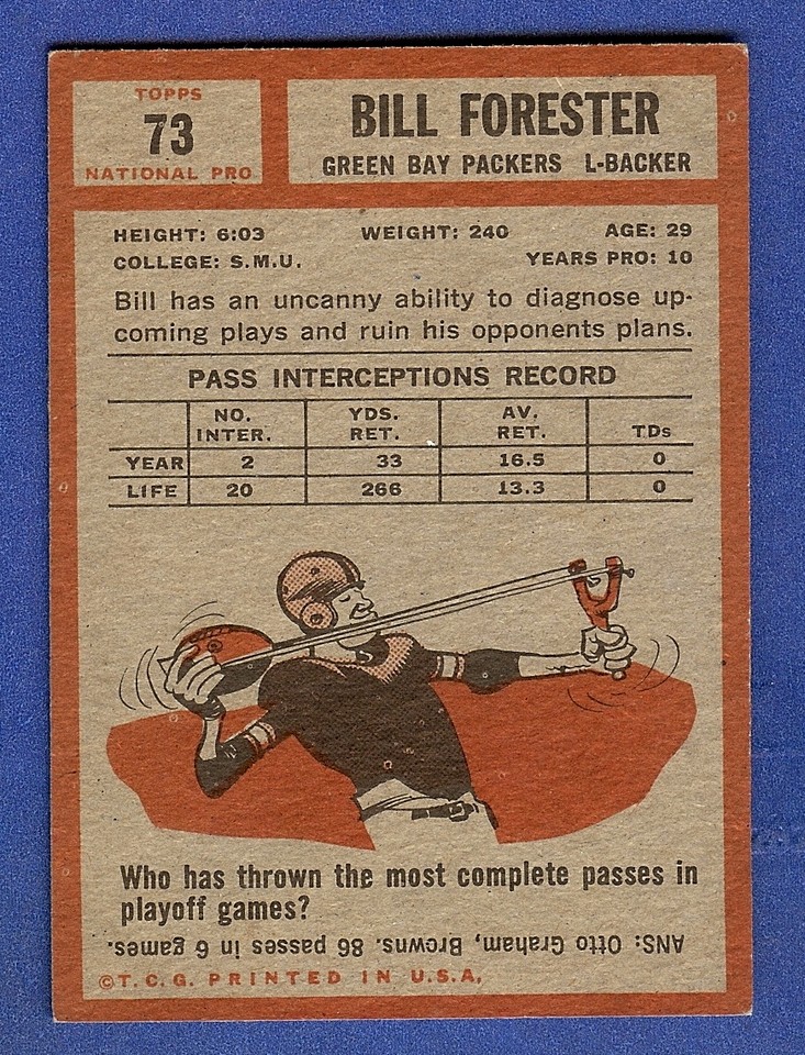 1962 Topps Football Bill Forester #73 SP Green Bay Packers EX-MT | eBay