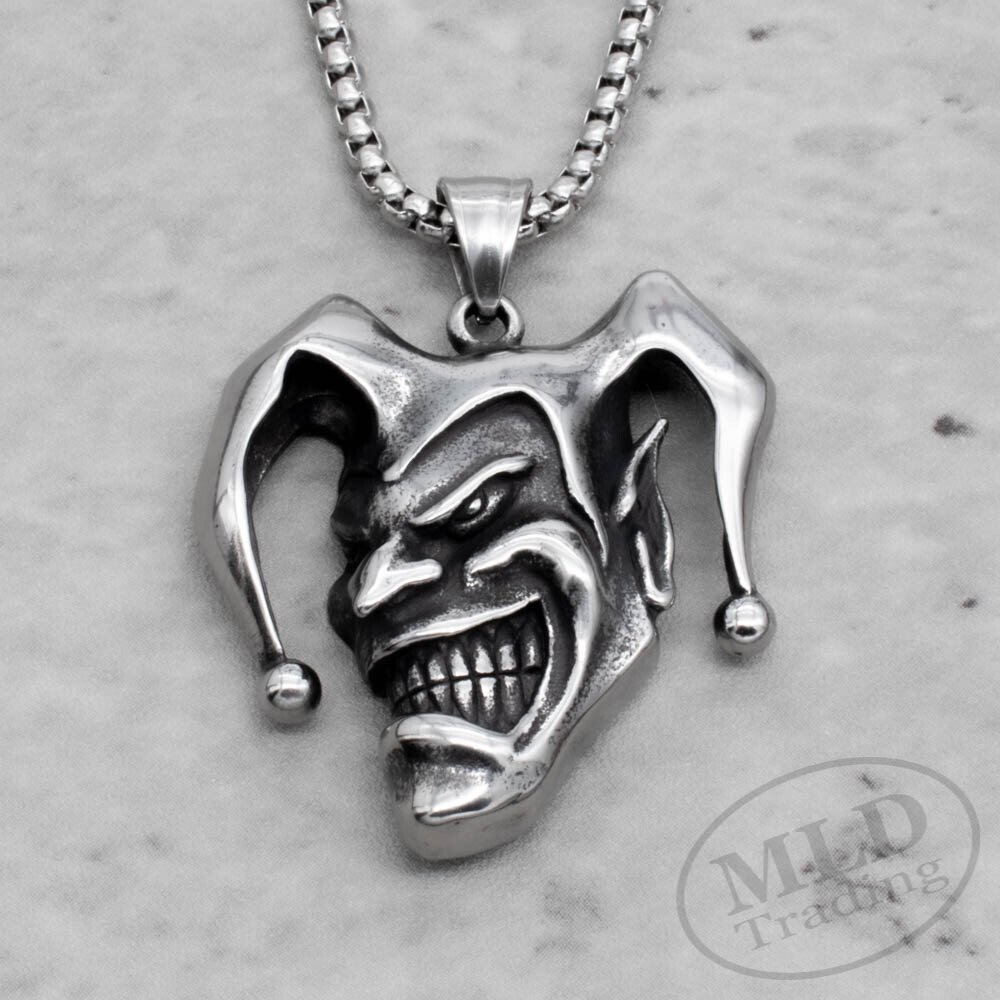 Silver Stainless Steel Evil Clown Jester Joker Pendant Necklace w 22 ...