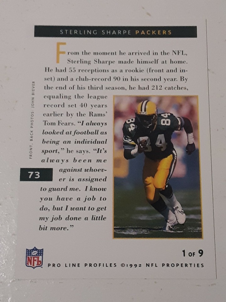 Sterling Sharpe Green Bay Packers 1992 Pro Line Profiles Card #73 | eBay