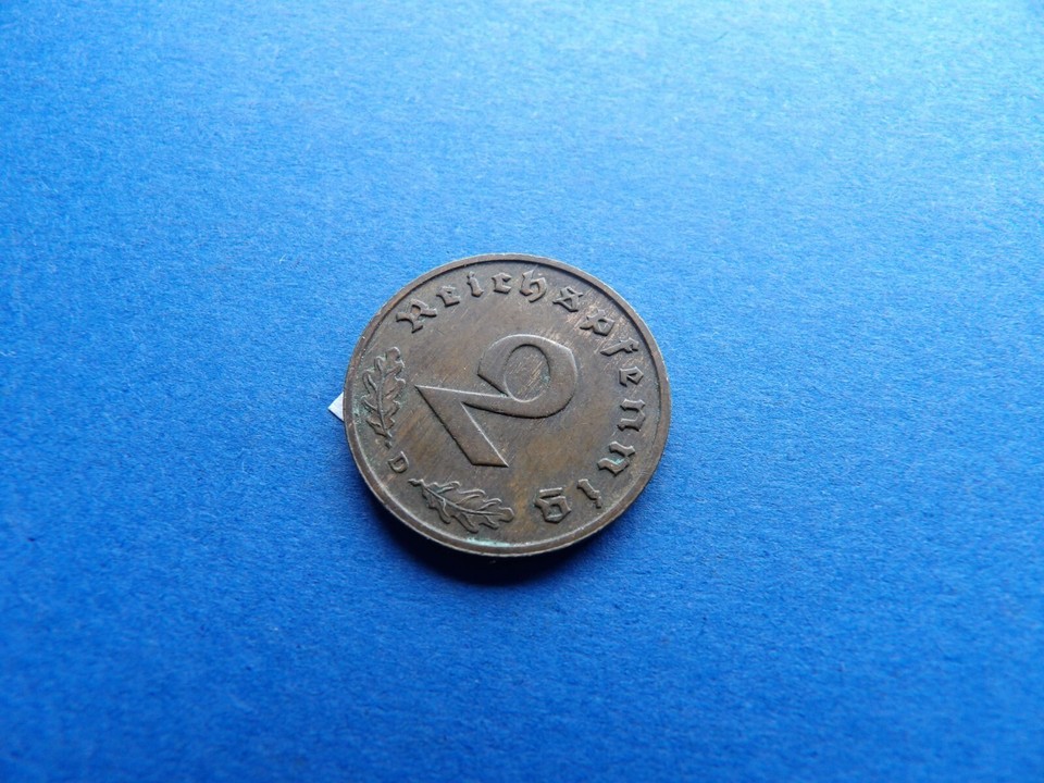 WWII Antique Germany 1937 D 3rd Reich SS Nazi Eagle swastika 2 pfennig ...