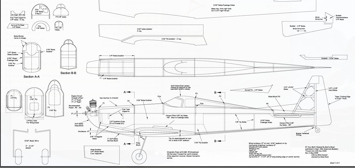 "El Toro" 72 inch Low Wing Sport Balsa Radio Control Airplane Printed ...