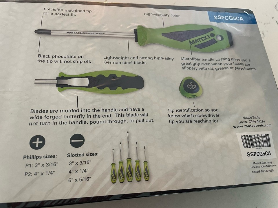 New Matco 5 Pc Top Torque II Premium Green Screwdriver Set&22 MM Combo ...