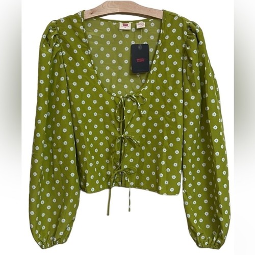 Levis Green Daisy Print Puff Sleeve Tie Front Crop Top XXL 2X NEW | eBay