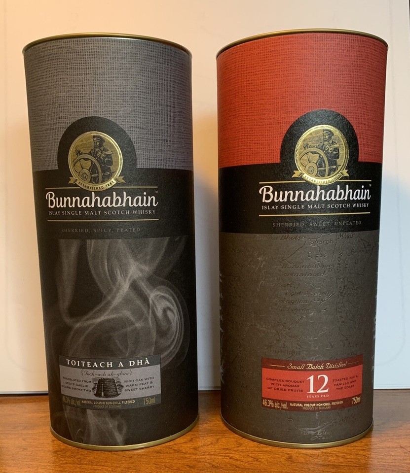 2Empty BUNNAHABHAIN Islay single Malt Scotch Whisky Bottles With Boxes ...