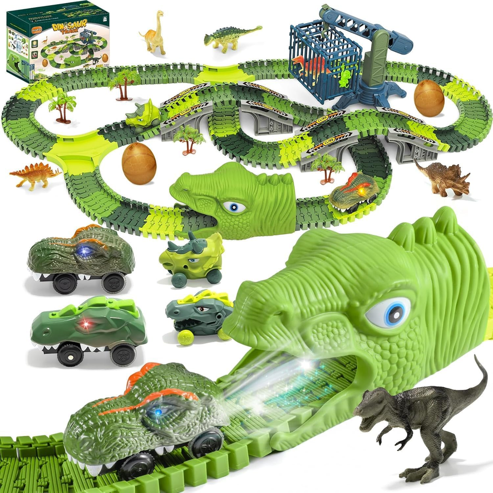 Dinosaur Toys, 279PCS Dinosaur Race Track Train Toy with 4 Dino Cars, 6 ...