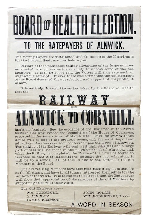 C.1882 ALNWICK ELECTION BROADSIDE Board of Health RAILWAY Politics ...