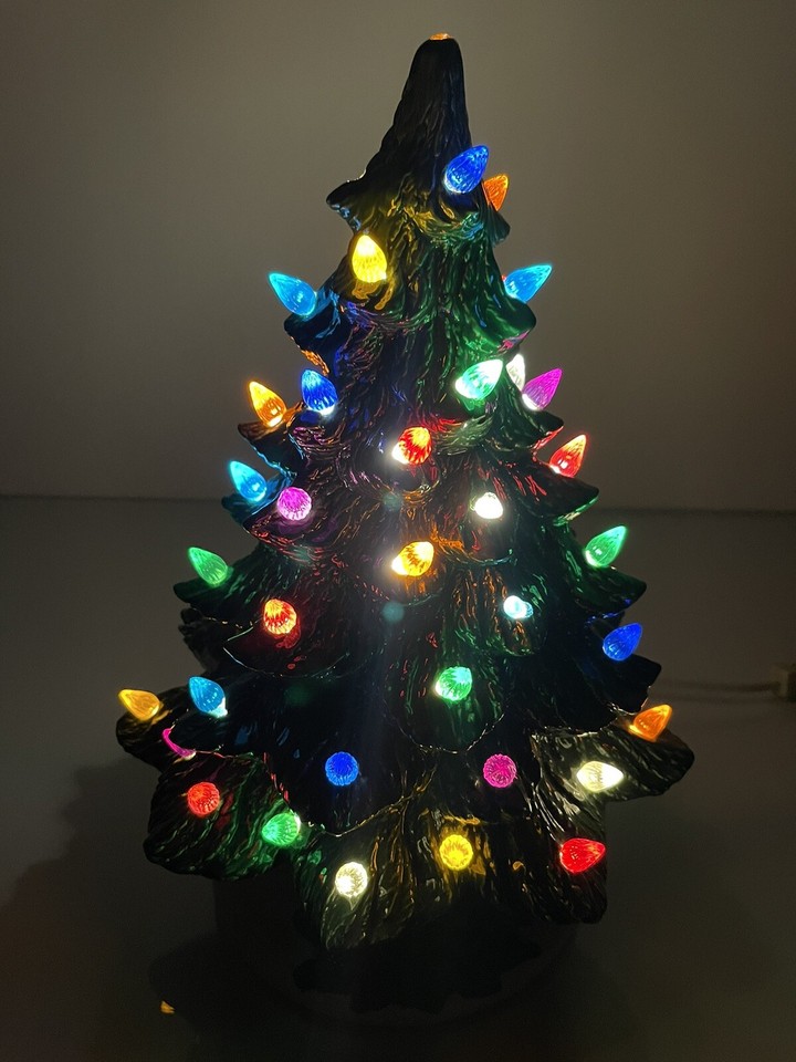 Vintage Nowell's Mold Green Lighted Ceramic Christmas Tree Holly Base ...