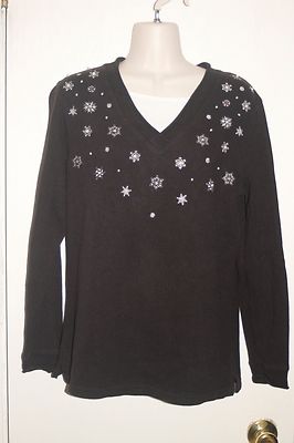 STUDIO WORKS Womens Sweater Black Cotton Blend Embroidered Pearls Sz S ...