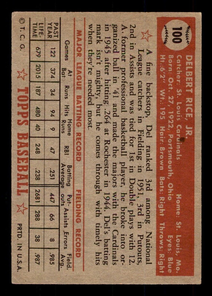 1952 Topps Baseball #100 Del Rice VG/EX *g1 | eBay