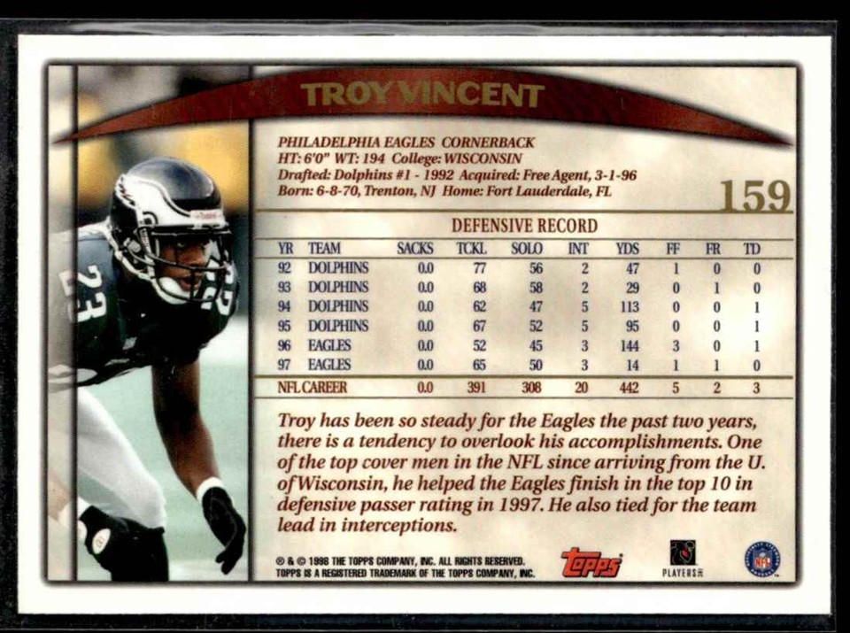 1998 TOPPS TROY VINCENT #159 PHILADELPHIA EAGLES 3447 | eBay