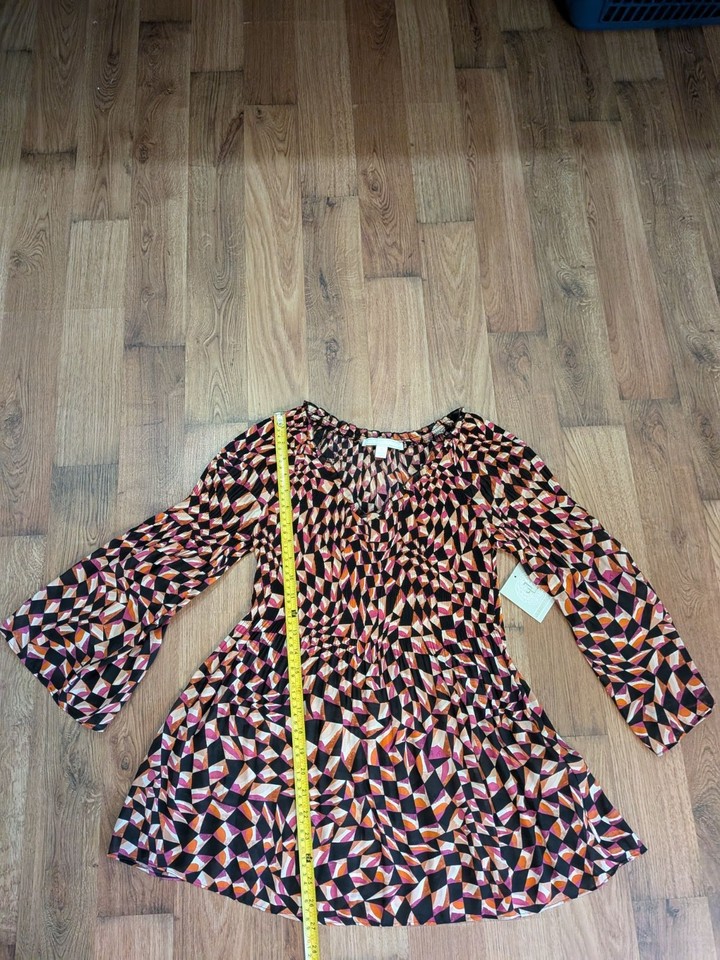 Juniper + Lime Geometric Smocked Waist Top Sz. S 3/4 Flair Sleeves New ...