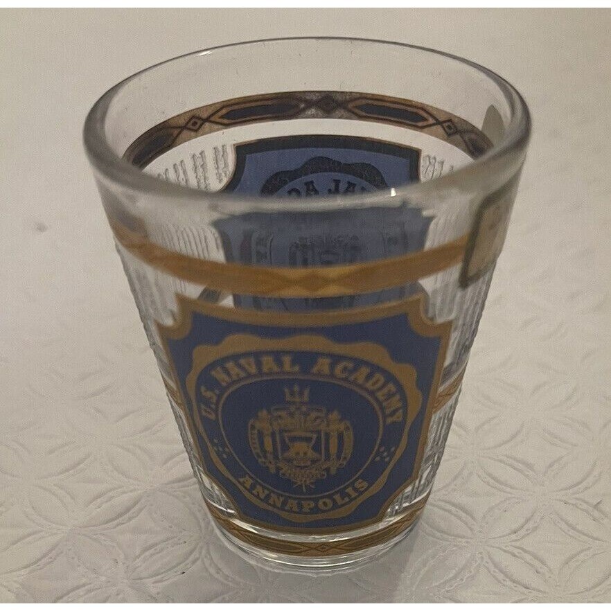 U.S. NAVAL ACADEMY ANNAPOLIS SHOT GLASS Blue Gold 22k Culver Sticker 1. ...