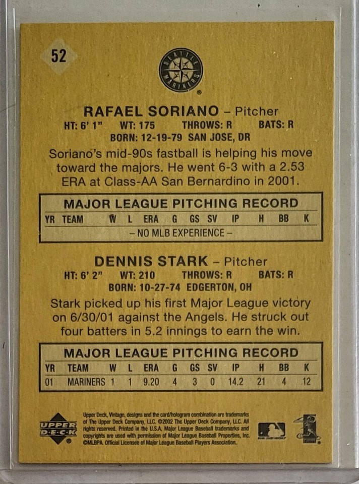 2002 Upper Deck Vintage #52 Rafael Soriano/Dennis Stark Seattle ...