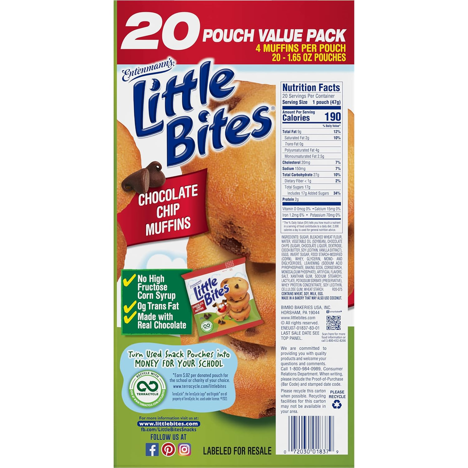 Entenmann'S Little Bites Chocolate Chip Muffins, 20 Pouch Value Pack | eBay
