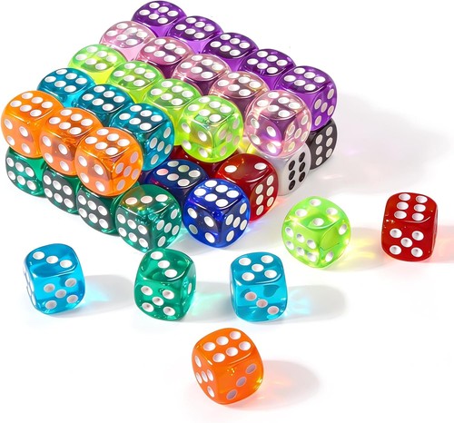 50 Pieces Dice Set, Translucent 6 Sided Colored Dices for Board Games ...