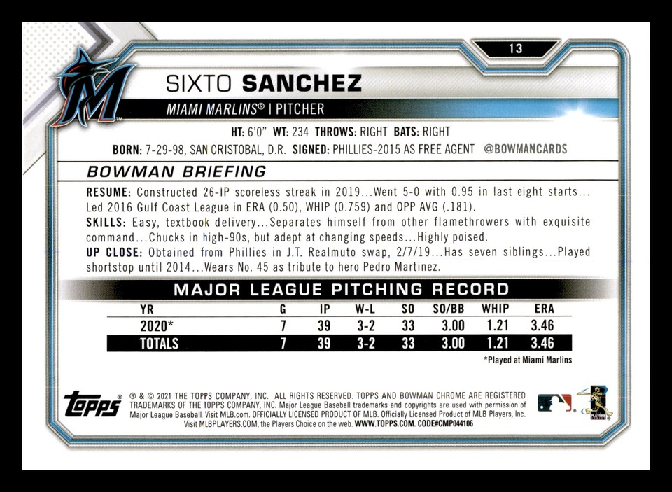 2021 Bowman Sixto Sanchez RC Rookie #13 Miami Marlins NM-MINT | eBay
