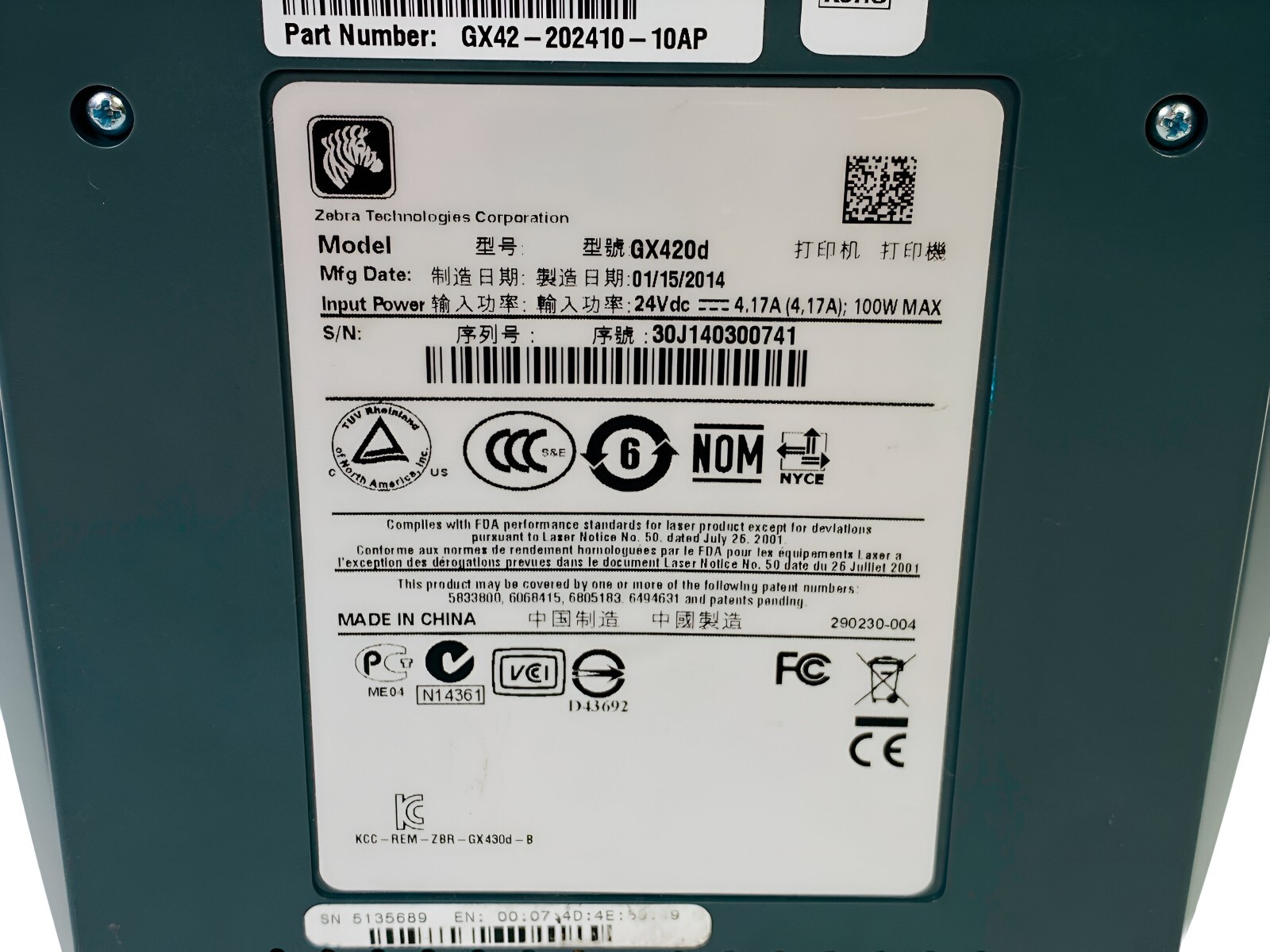 Zebra GX420d Direct Thermal Barcode Label Printer USB Serial Ethernet ...