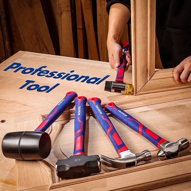 WORKPRO Hammer Set 5PC 16oz Claw Hammer 32oz Rubber Mallet 3lb Sledge ...