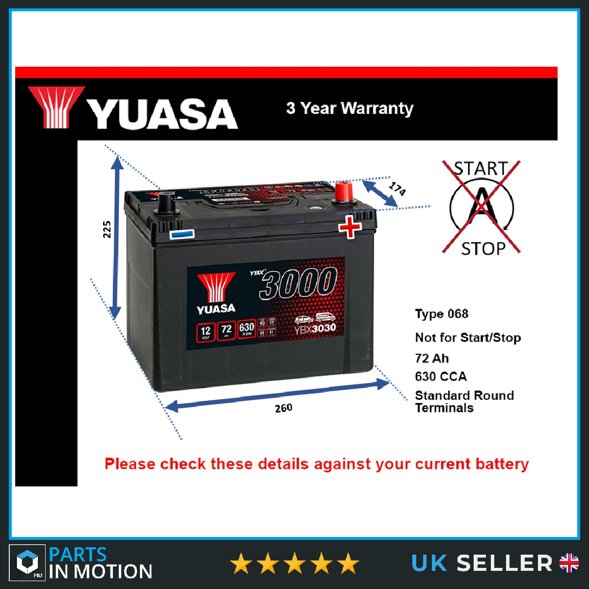 068 Car Battery Yuasa YBX3068 12V 72Ah 630CCA - Dynamp DF702 Equivalent ...