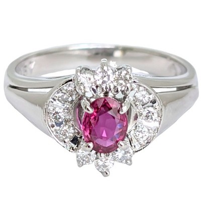 Ruby Diamond Halo Ring 0.37 ct Red Oval 0.18 ct Diamond Pt900 Size US4 ...
