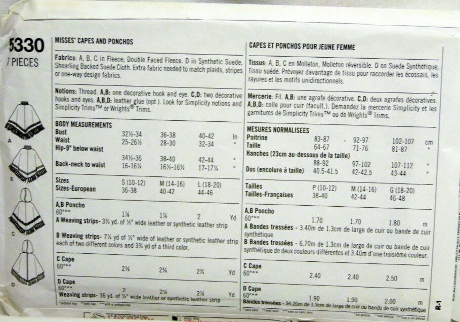 NEW Simplicity 5330 Misses S-M-L Pattern Cape Poncho Accessories Sewing ...