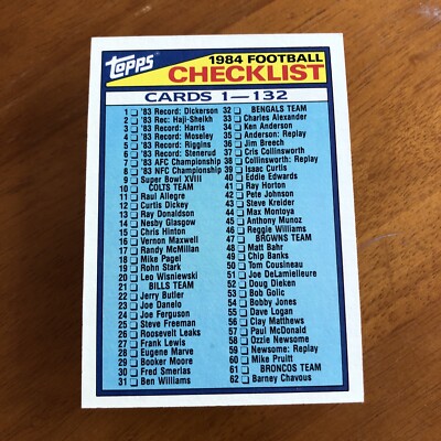 1984 TOPPS FOOTBALL CARD CHECKLIST 1-132 #394 UNMARKED | eBay
