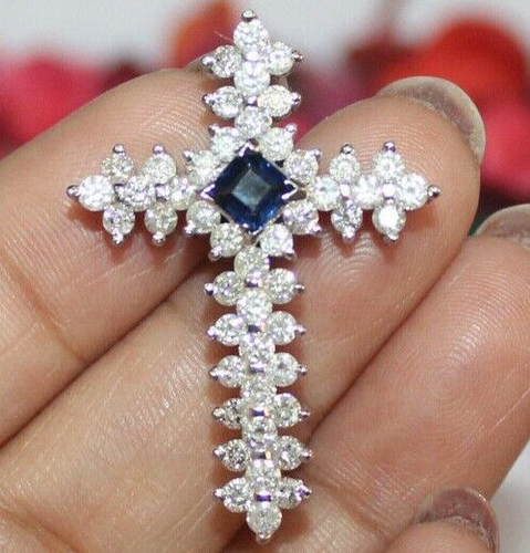 2.72ct Natural Round Diamond 14k White Gold Sapphire Cross Pendant | eBay