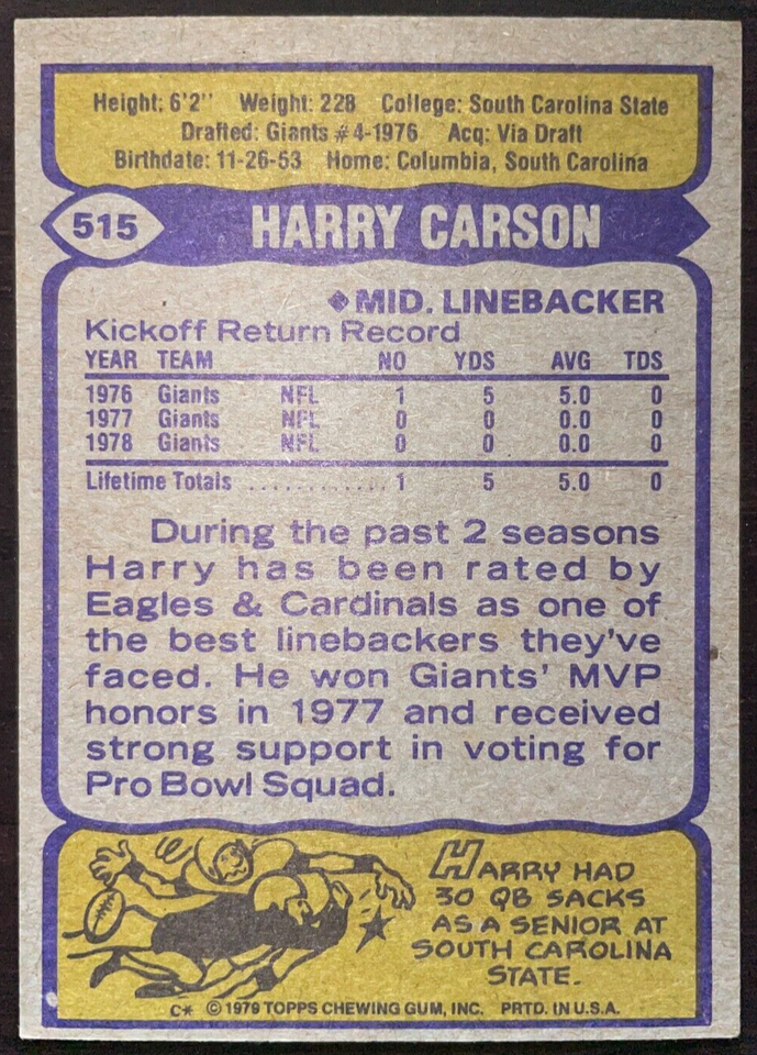 1979 Topps Football Card Harry Carson #515 HOF New York Giants | eBay