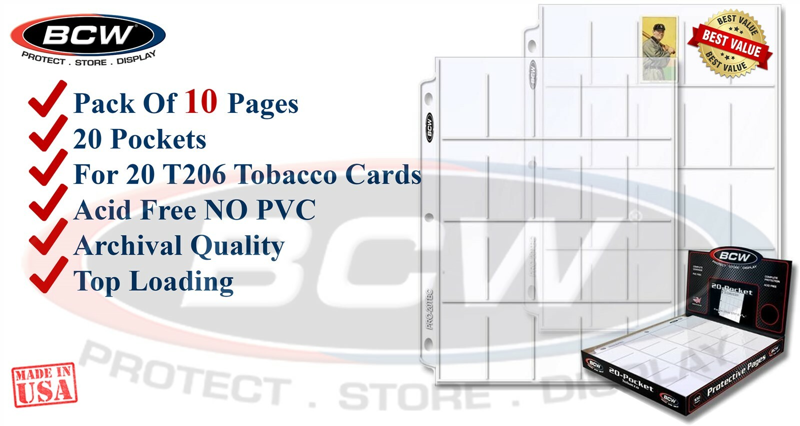 Lot Of 10 BCW Pro 20 Pocket Tobacco Card Album Pages T206 3 Rings ...