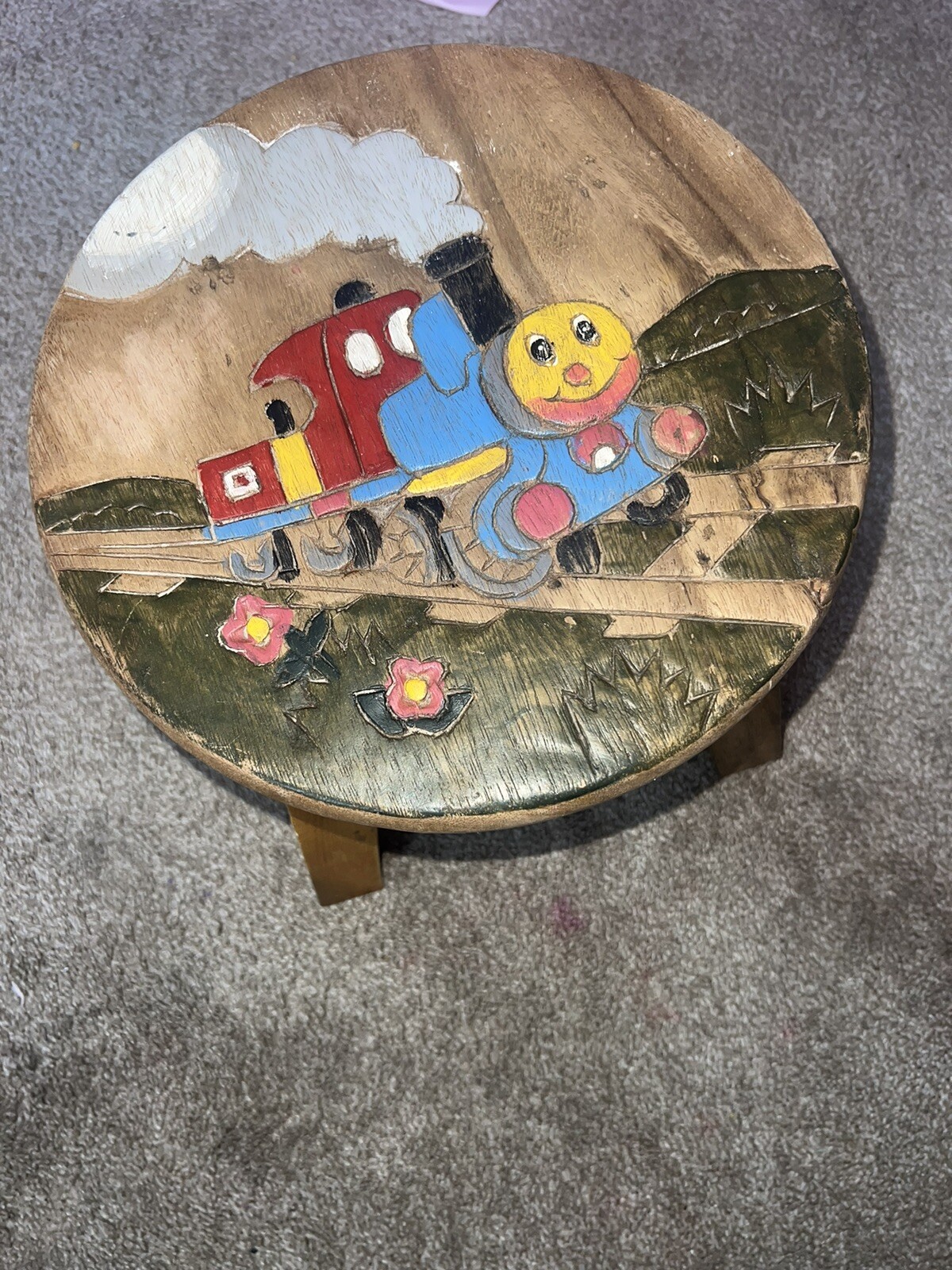 Vintage Kids Stool with Thomas The Train Hand Carved and Painted | eBay