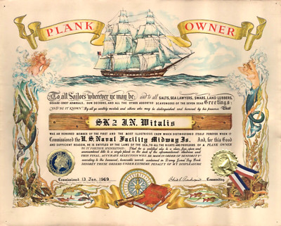 1969 U.S. NAVY CERTIFICATE - PLANK OWNER vintage 16x20 poster MIDWAY ...