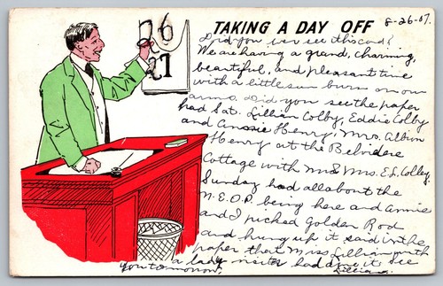 1907 Taking A Day Off Humor Cartoon Drawing Posted Vintage Postcard | eBay