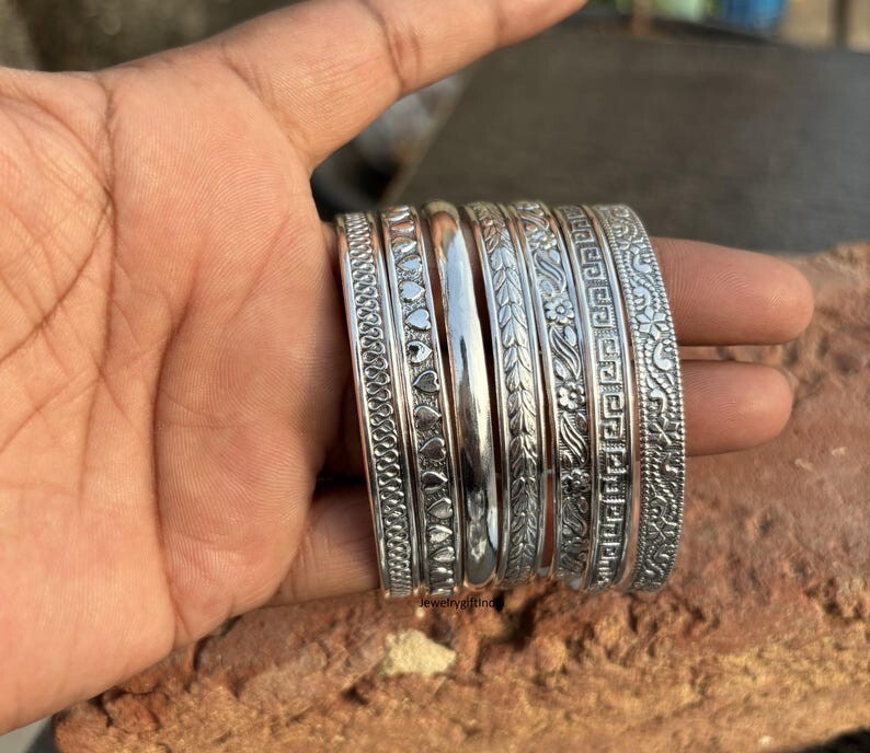 Set Of 7 Bangles Stacking Bangles Sterling Silver Bangles 7 Days Bangles Love | eBay